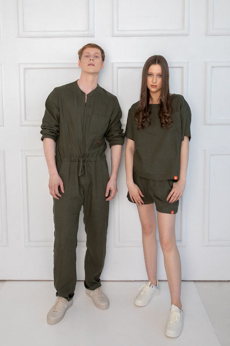 Dark Green Linen Overall – Unisex Organic Jumpsuit, Relaxed Fit ...