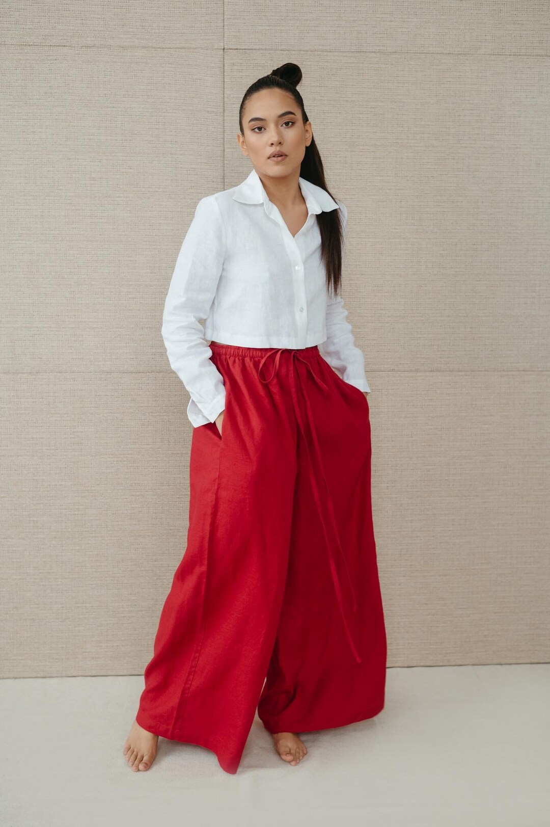 Red Linen Wide Leg Pants: Organic High Waist Summer Trousers - Etsy