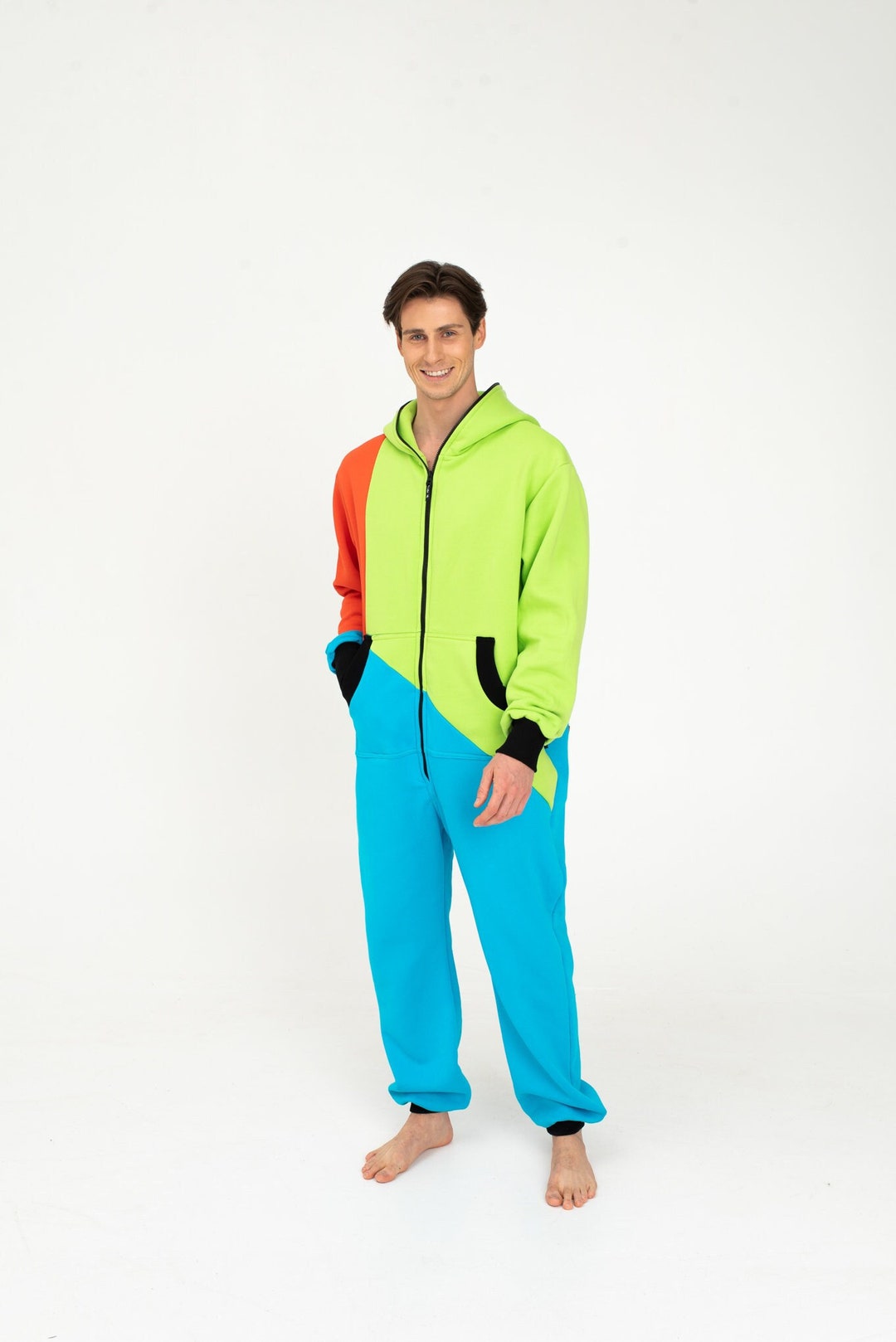 Tricolor Adult Overall Pajamas: Hooded Cotton Lounger - Etsy