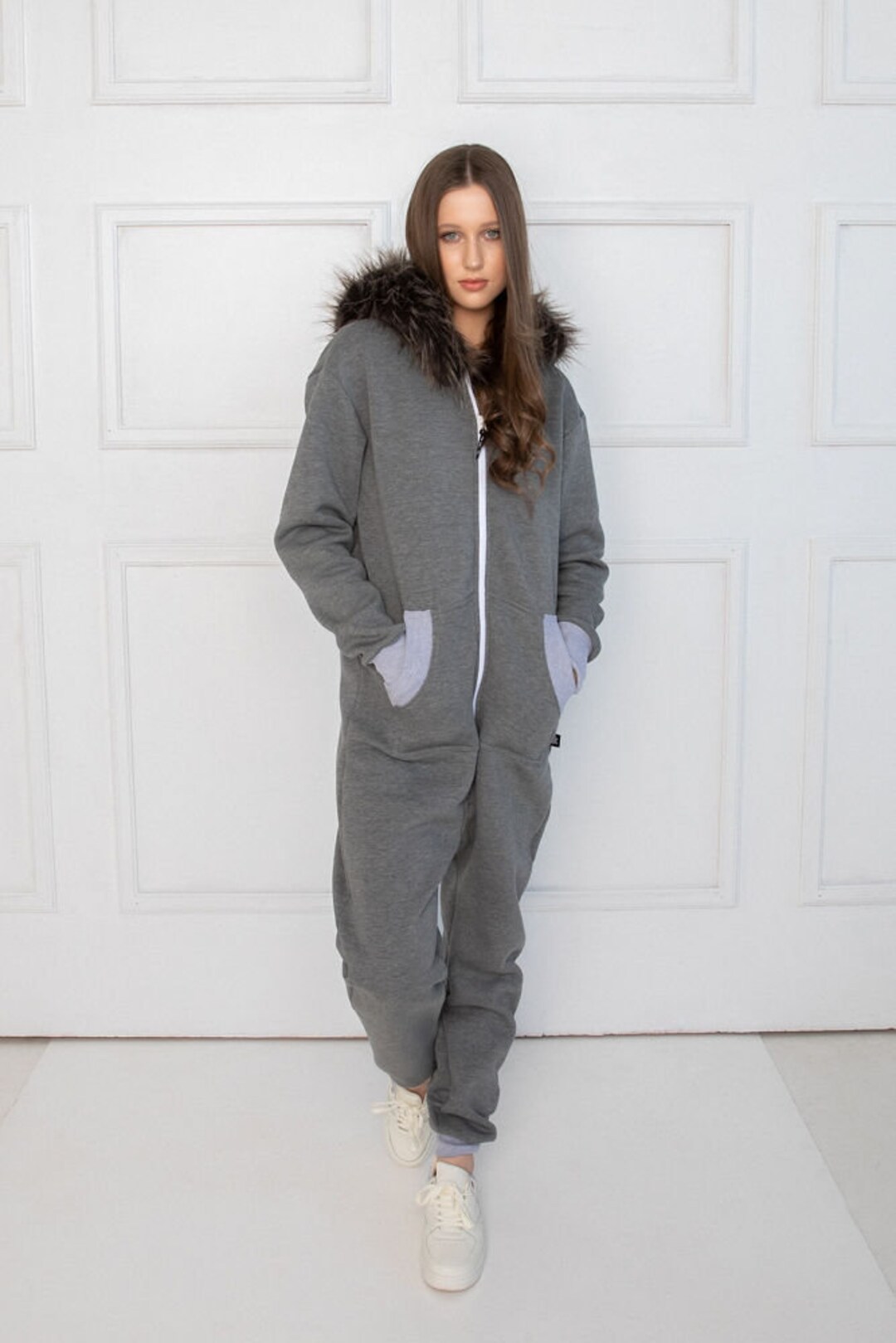 Adult Overall, Grey Unisex Overall With Fur, Fur Hooded Pyjamas, Baggy ...