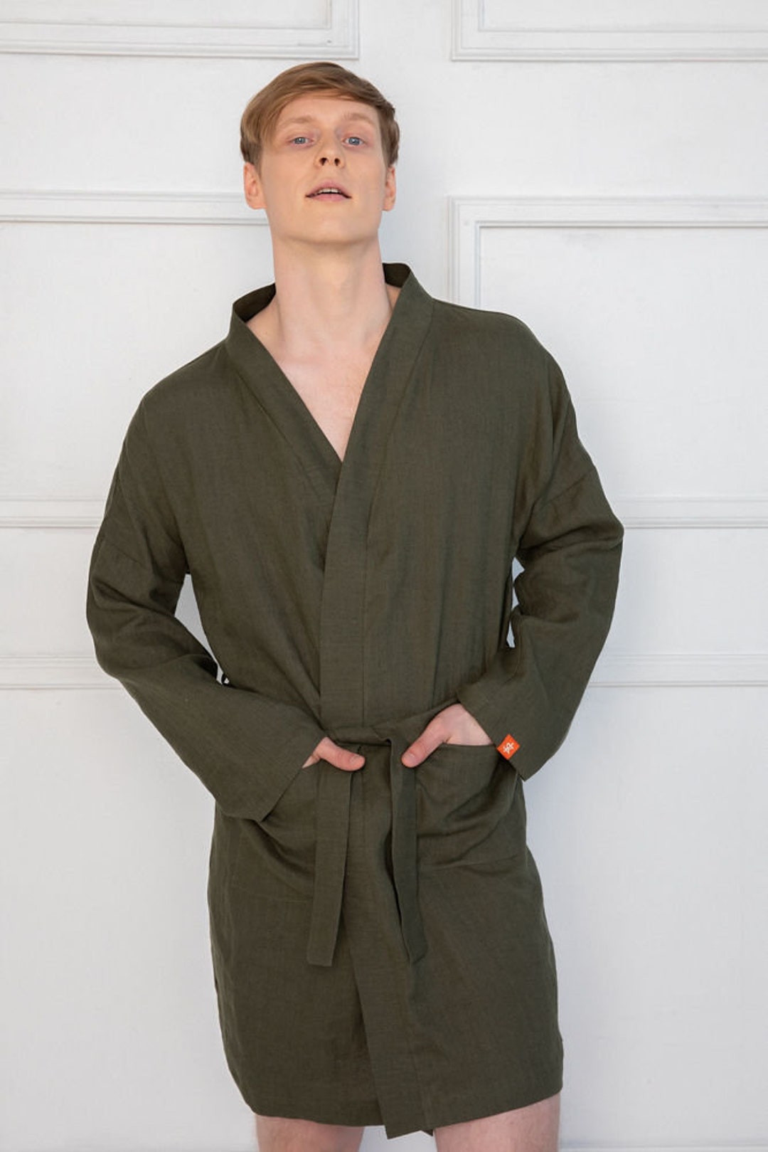 Natural Dark Green Linen Men Robe, Men Linen Kimono, Organic and ...