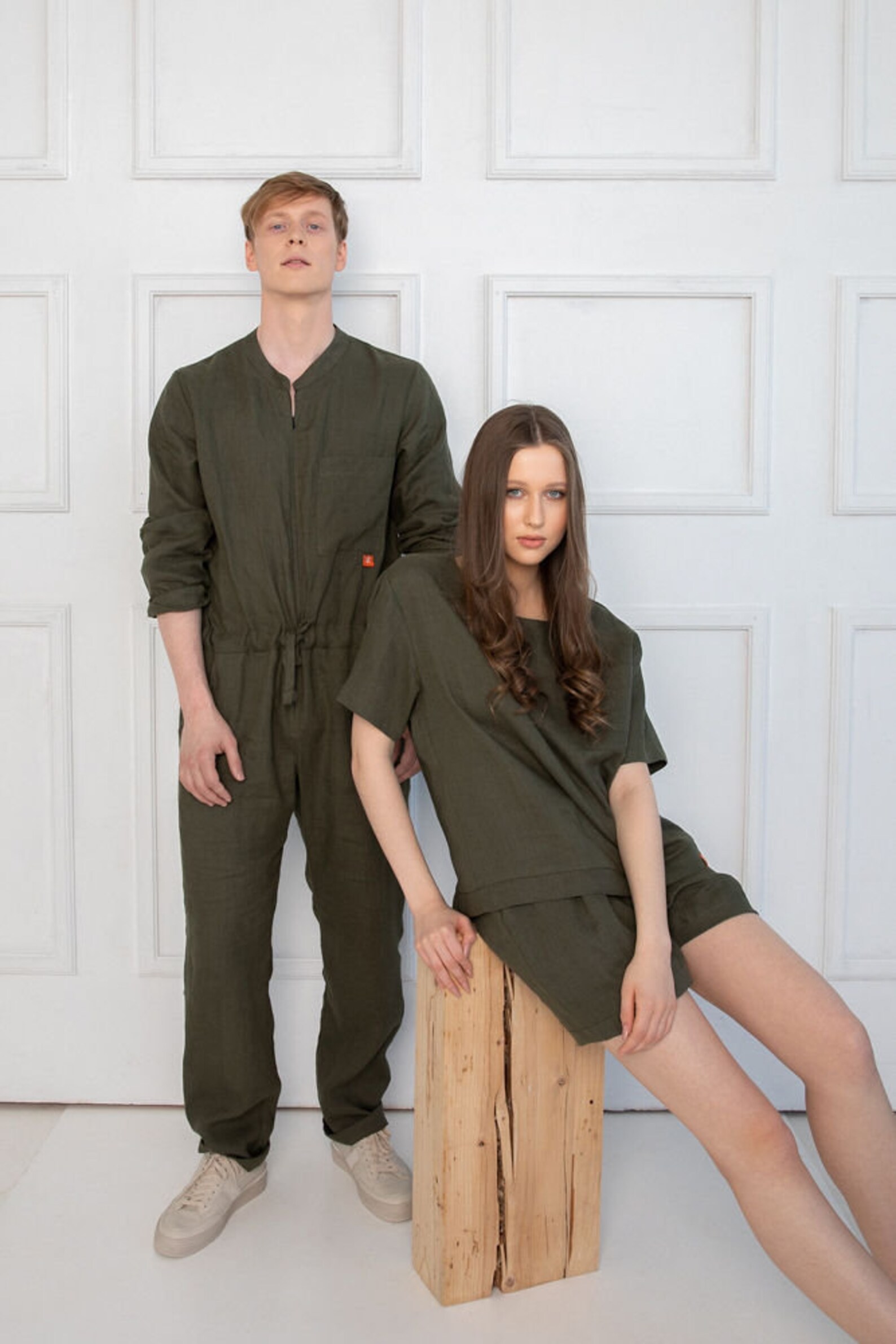 Dark Green Linen Overall – Unisex Organic Jumpsuit, Relaxed Fit ...