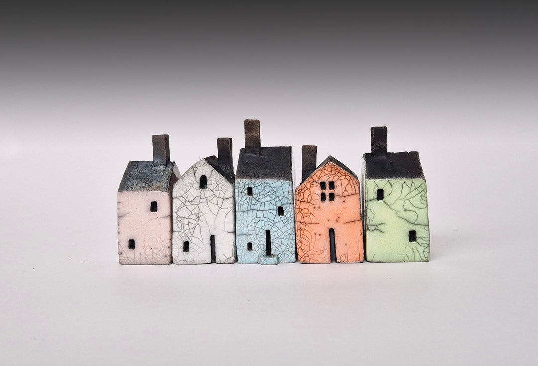Set of 5 Pastel Coloured Raku Houses - Etsy