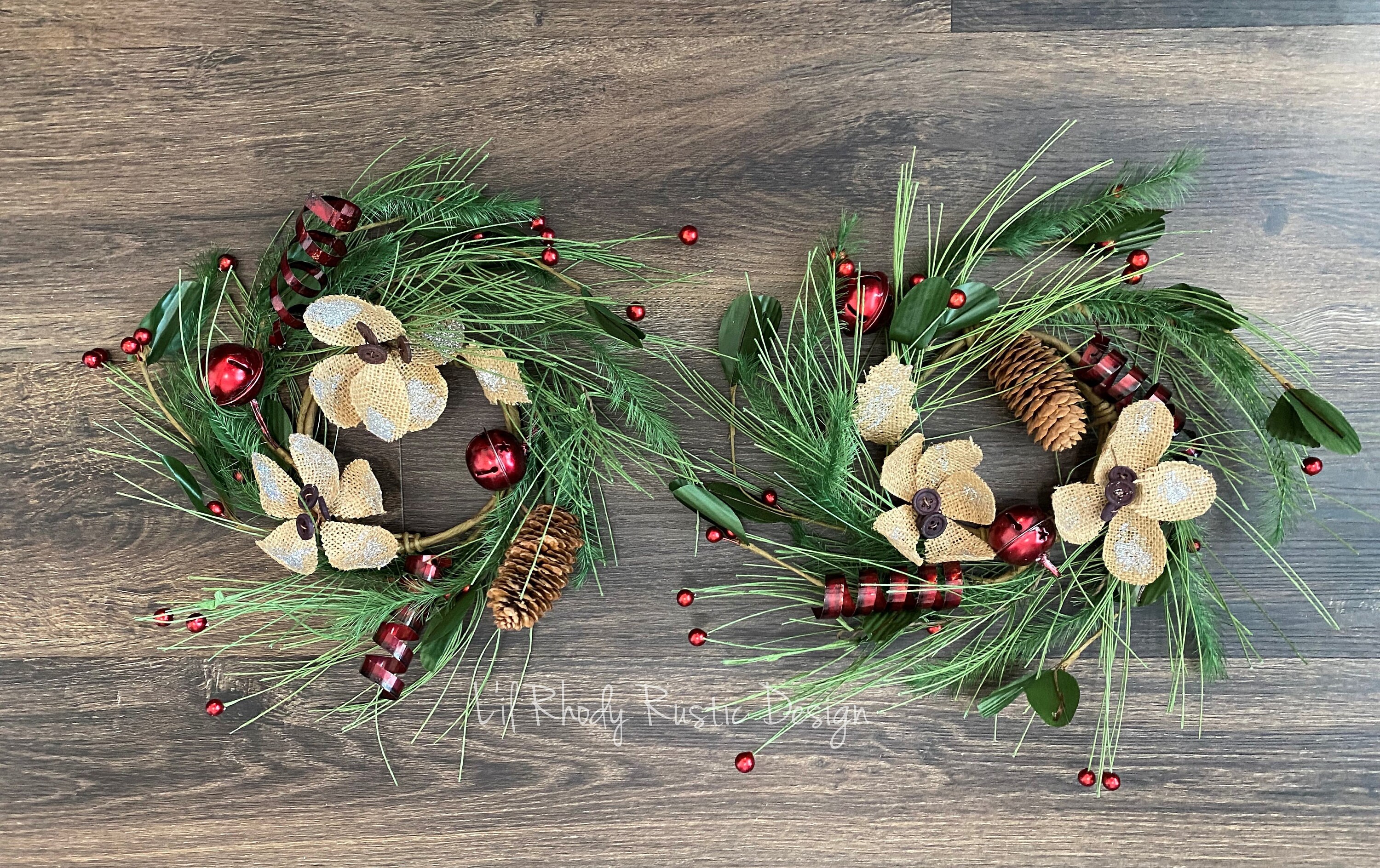 Holly Berry, Pine Cone, Red Bells with Burlap Glitter Flowers and Pine ...
