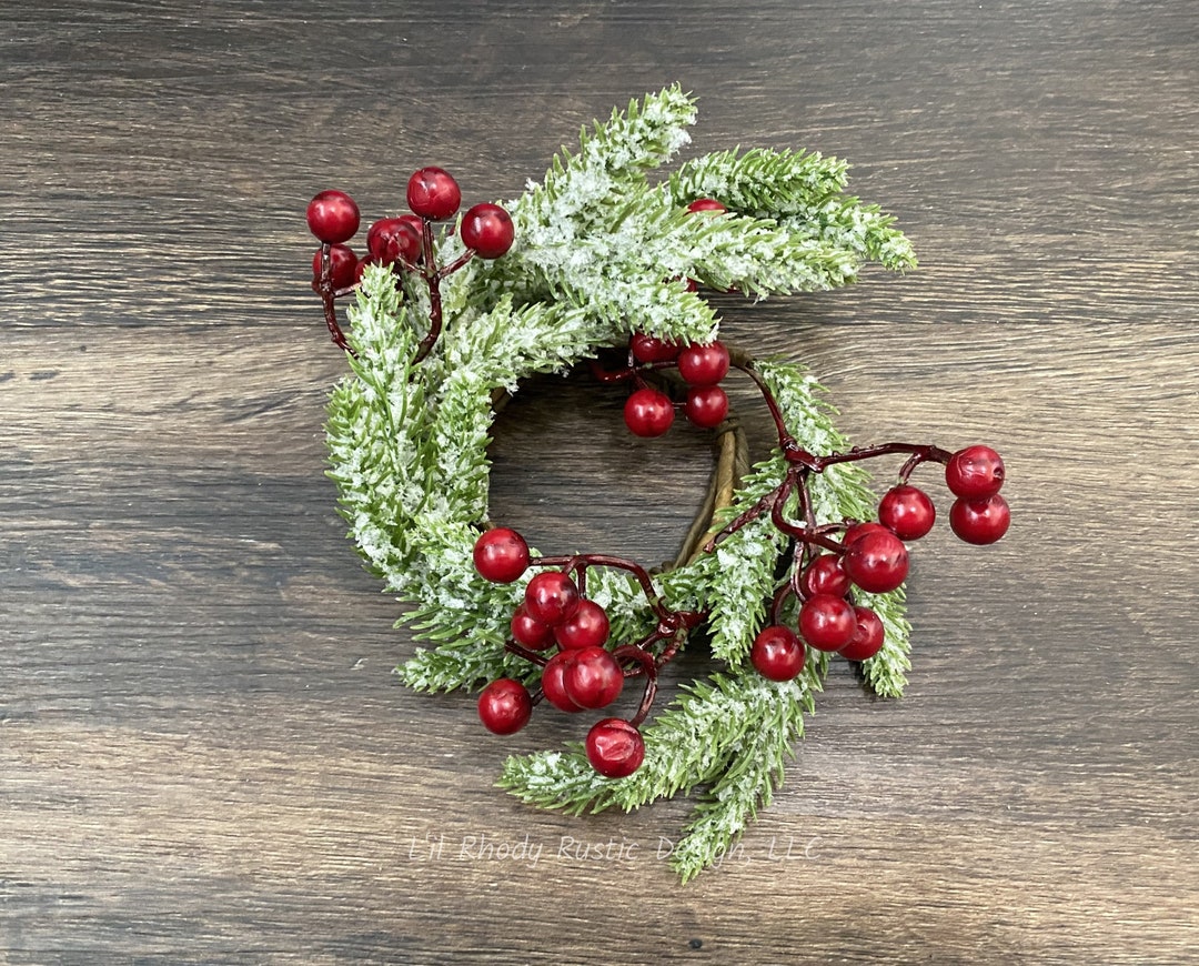 Snowy Pine, Red Berry 2.5 Candle Ring, Christmas Candle Ring, Winter ...