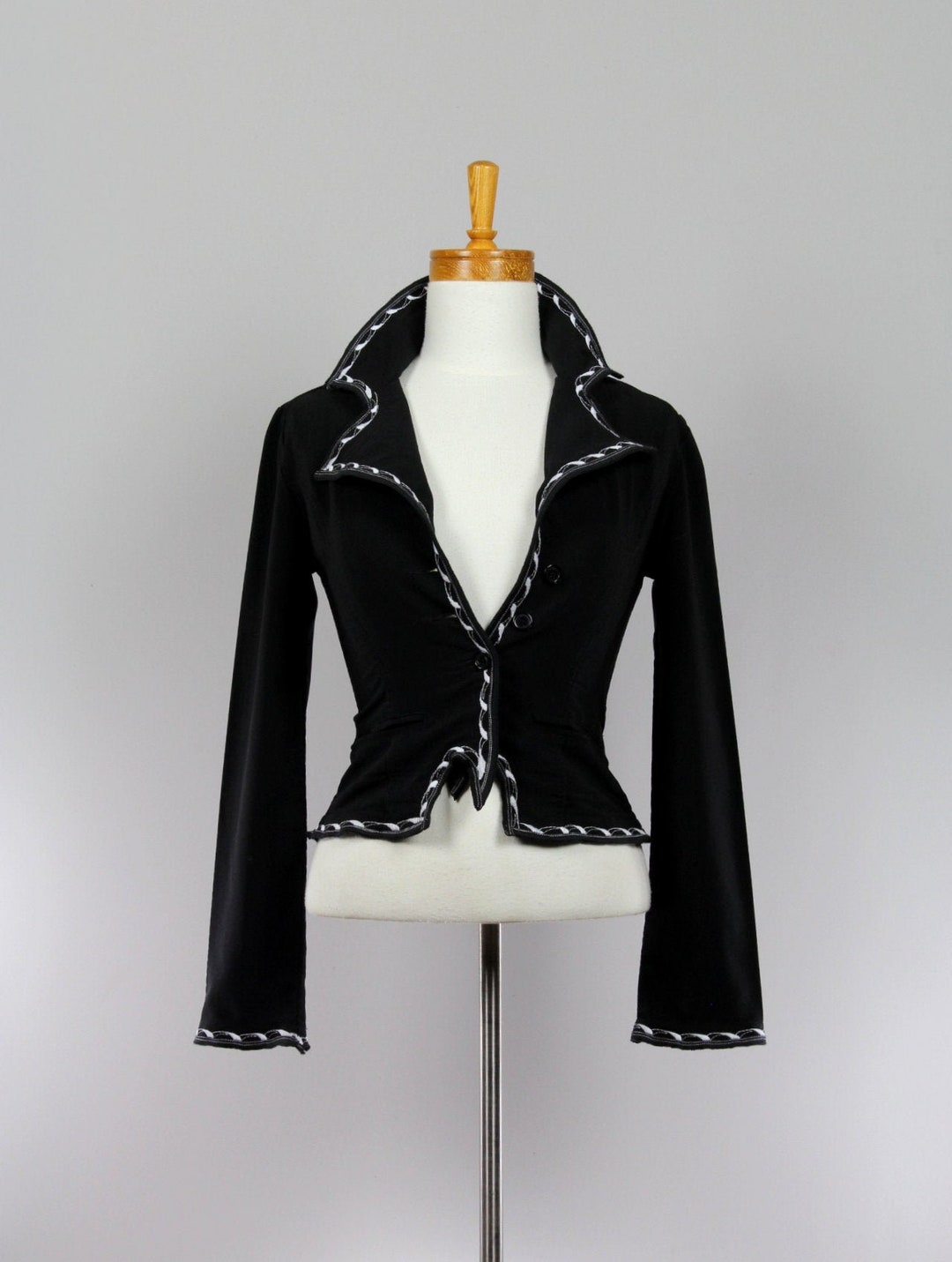 Black Fitted Jacket, White Embroidery Finish, Long Sleeves, Recycled ...