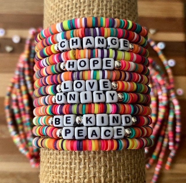 Colorful 4mm Polymer Clay Bead Bracelets Love,hope,change,unity,peace ...