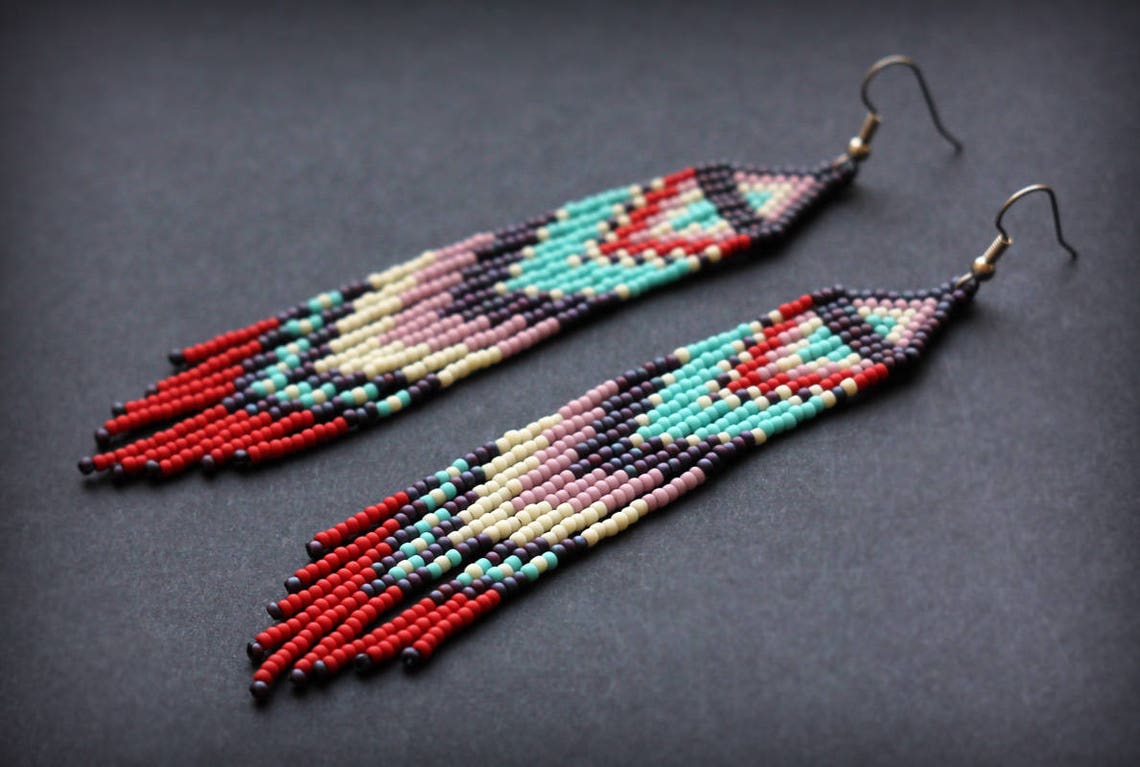 Long dangle seed bead earrings Colorful beaded fringe earrings | Etsy