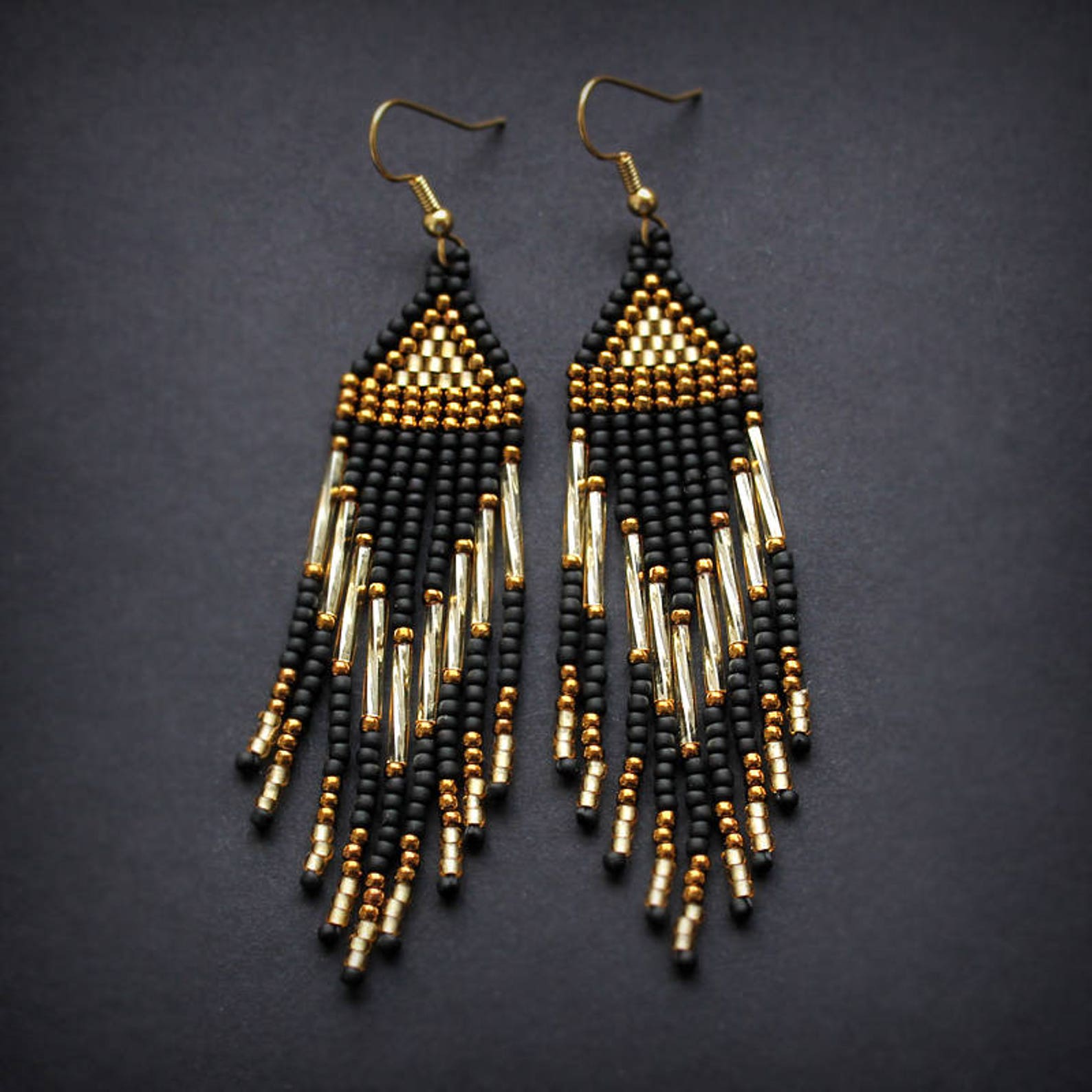 Black And Gold Seed Bead Earrings Long Evening Beaded Earrings Etsy