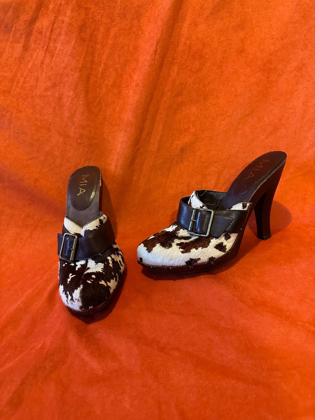 Genuine Pony Hair Wooden Mules Cow Print Y2K Slip on Heels Deadstock ...