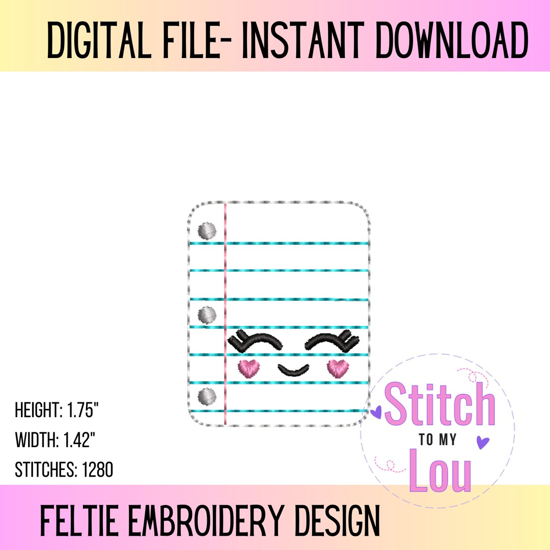 Kawaii Notebook Paper Embroidery Design School Feltie Design - Etsy