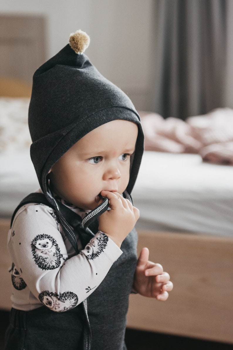 Baby Hat Dark Gray With Mustard Pom Pom, Baby Boy Dwarf Hat, Organic ...