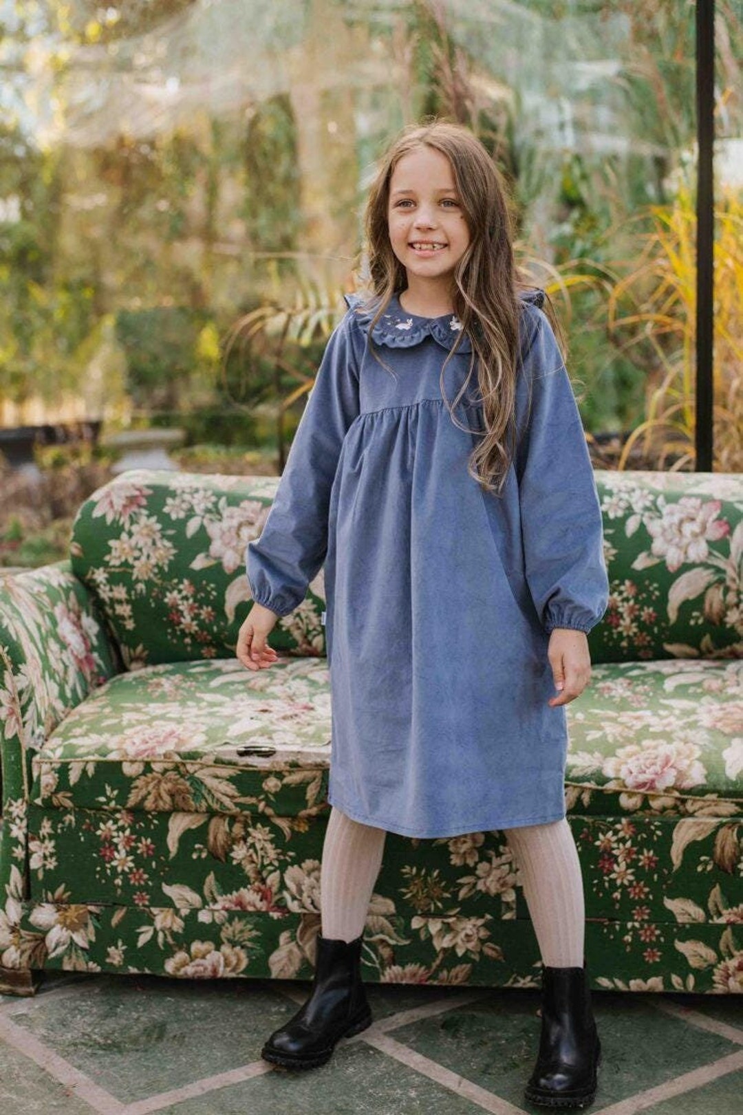 Girls Delicate Pincord Dress With an Embroidered Collar - Royal Blue - Etsy