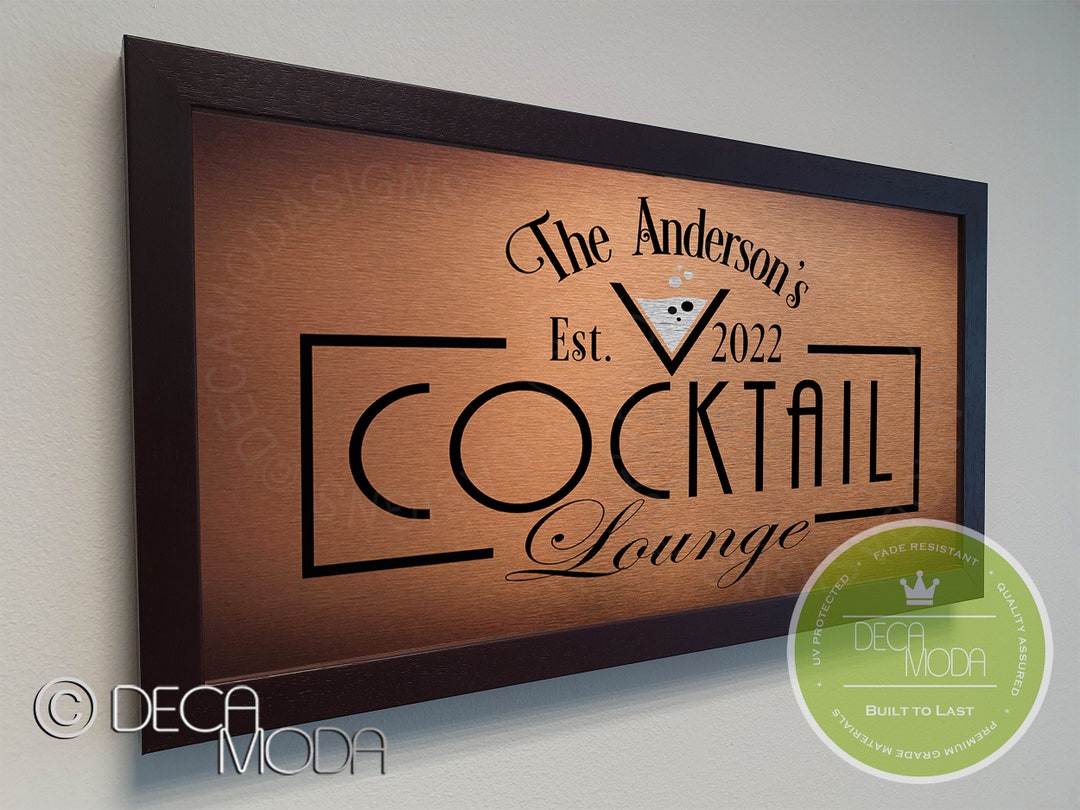Personalized Cocktail Lounge Sign: Brushed Metal, Wood Frame - Etsy