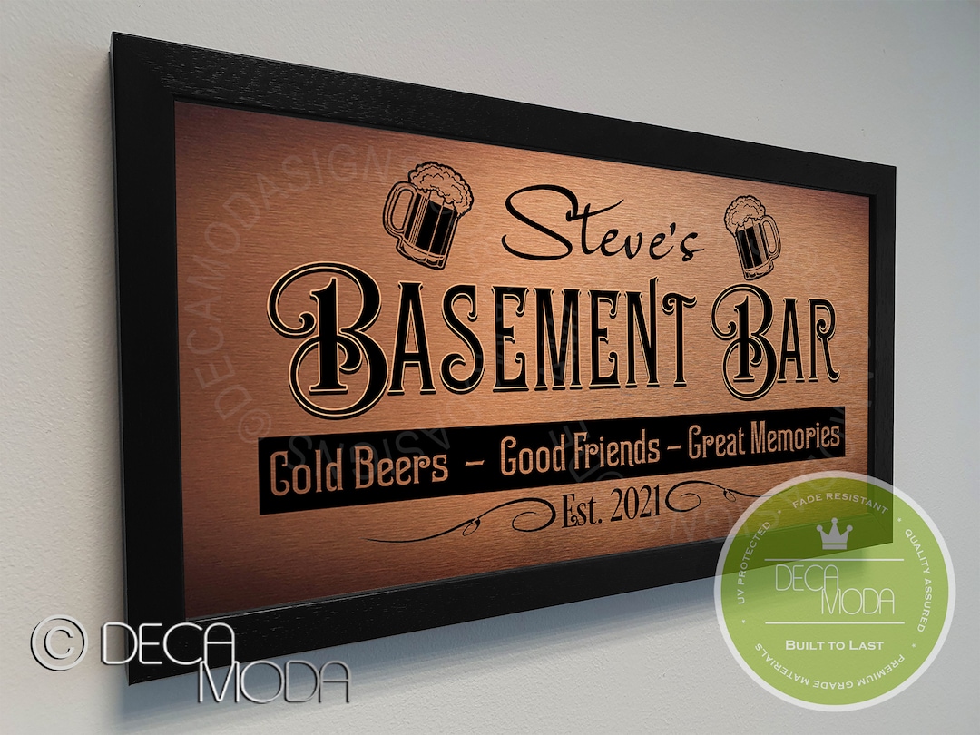 Personalized Basement Bar Sign: Brushed Metal Finish, Wood Frame - Etsy