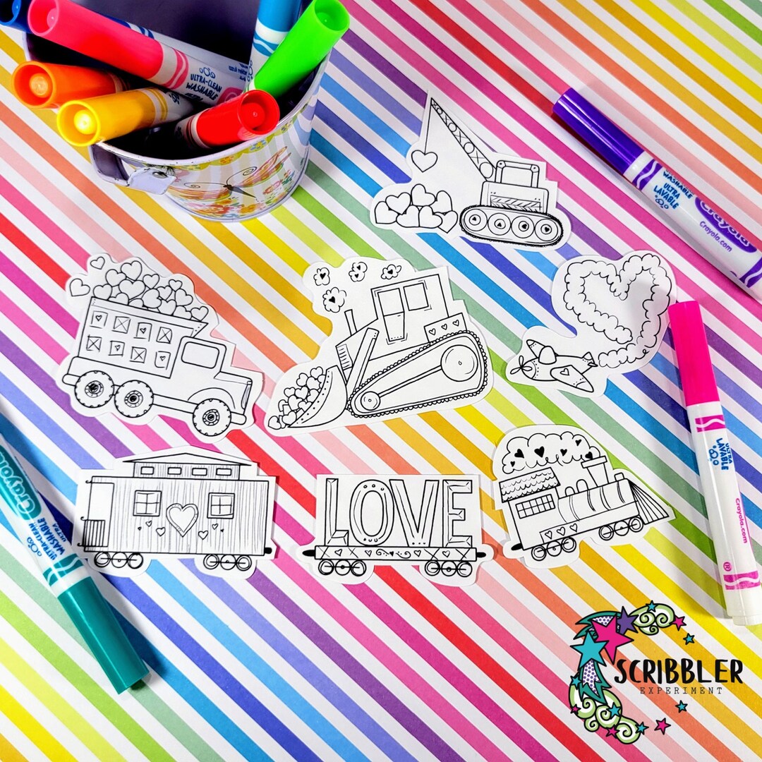 Valentine Coloring Stickers for Boys, Valentine Classroom Favors, Train ...