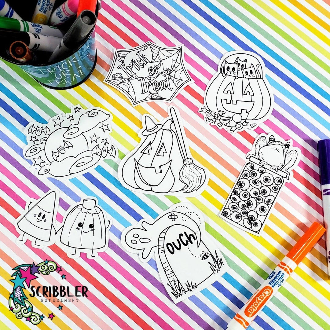 Halloween Coloring Stickers, Spooky Stickers, Trick or Treat Favor ...