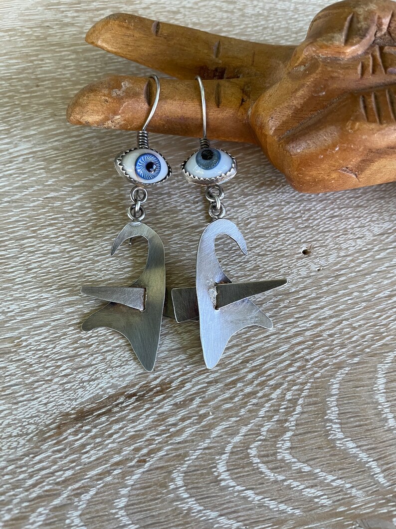 Surrealistic Brutalist Glass Eye Sterling Silver Abstract MCM Earrings ...