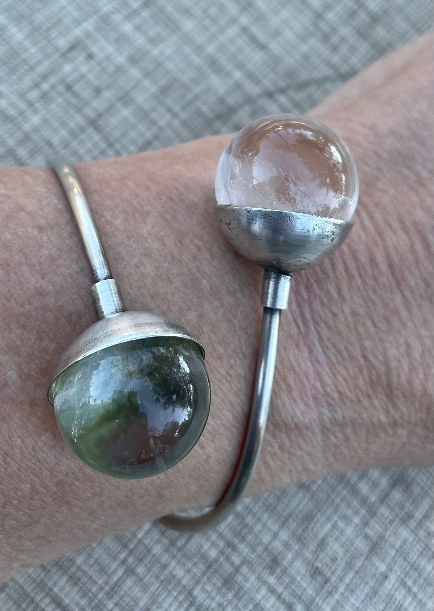 Sleek Mod Minimalist Clear Rock Quartz Crystal Pools of Light Sterling Silver Cuff Wrap Bracelet ...