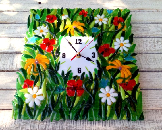 Fused Glass Wall Clock Wild Flowers Silent Clock Home - Etsy