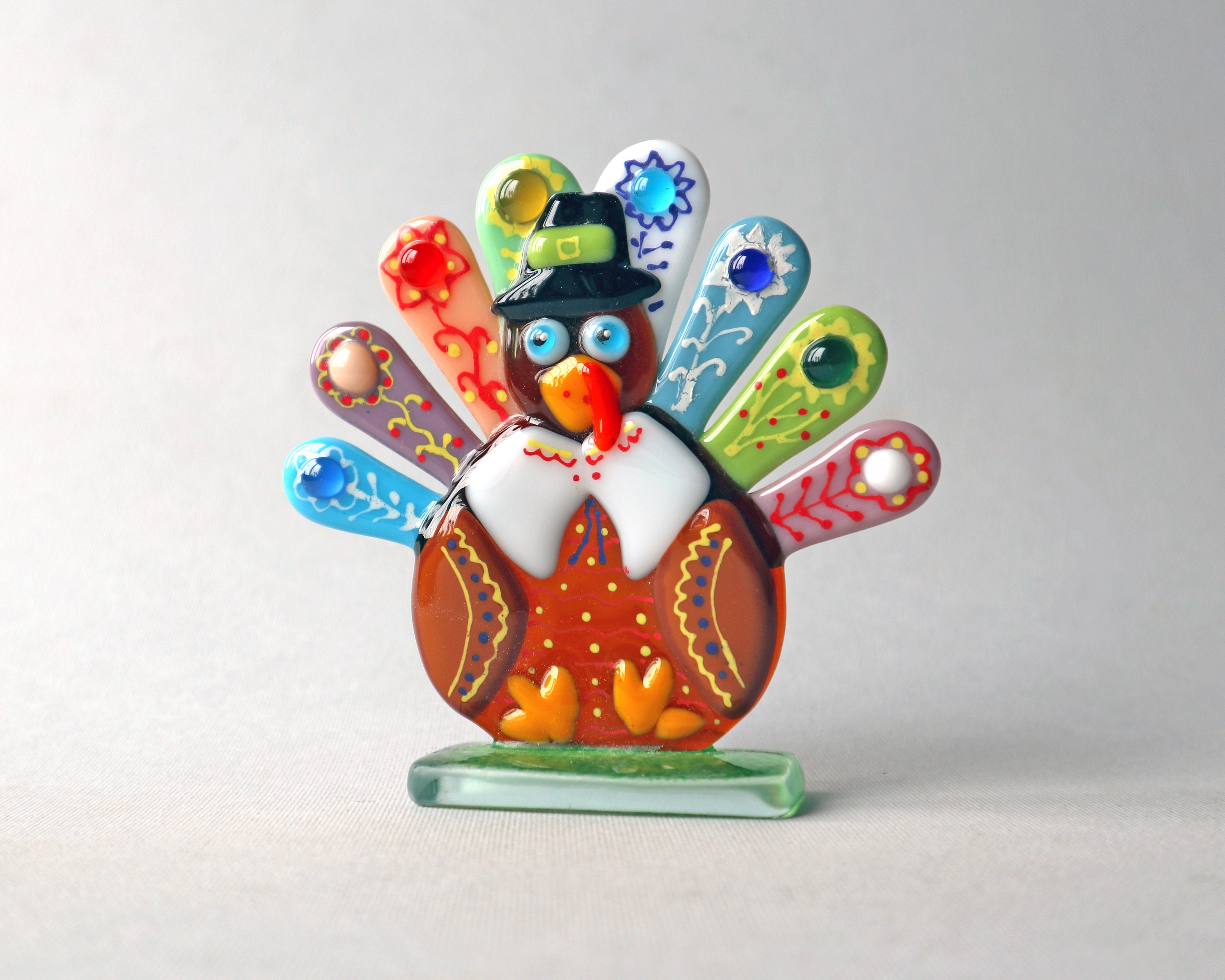 Funny Turkey, Thanksgiving Table Decoration, Fused Glass Statuette ...