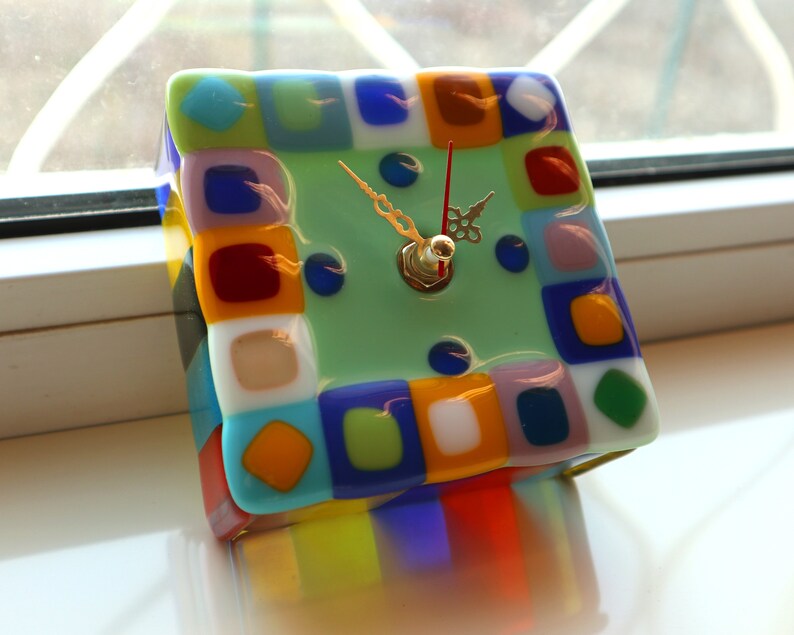 Fused Glass Desk Clock Small Table Clock 4 X 4 Inches Bright - Etsy