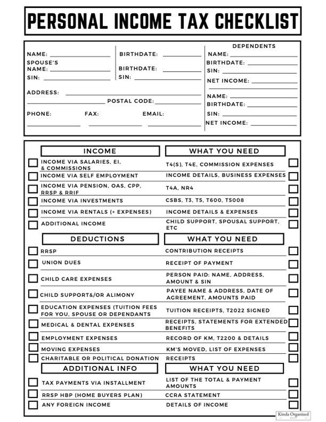 The Personal Income Tax List - Kinda Organized Printable Lists - Etsy