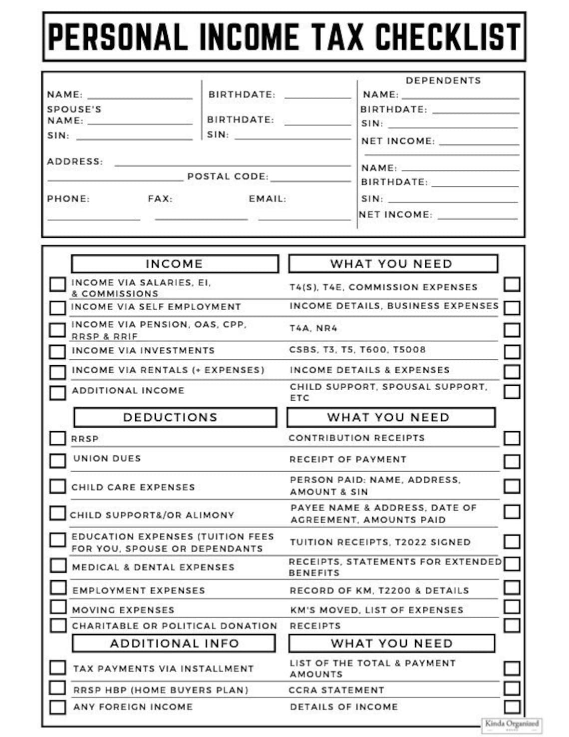 The Personal Income Tax List - Kinda Organized Printable Lists - Etsy