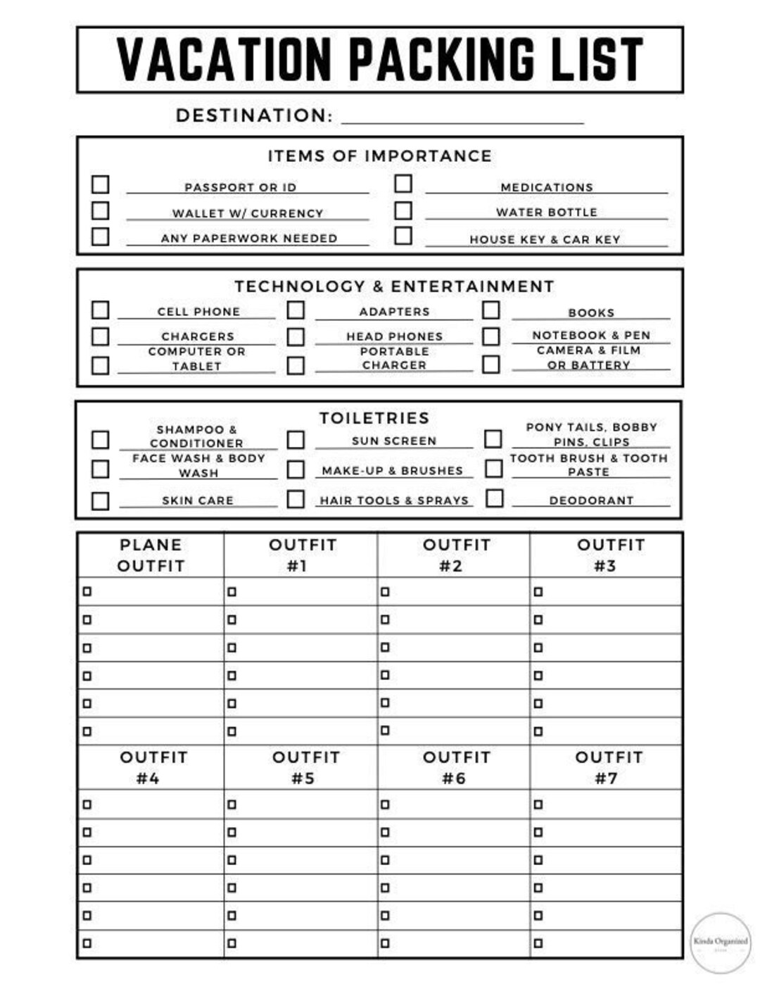 The Vacation Packing List - Kinda Organized Printable Lists - Etsy