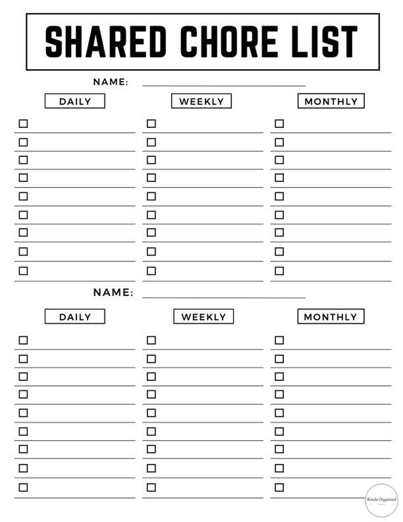 The Shared Chore List - Kinda Organized Printable Lists - Etsy