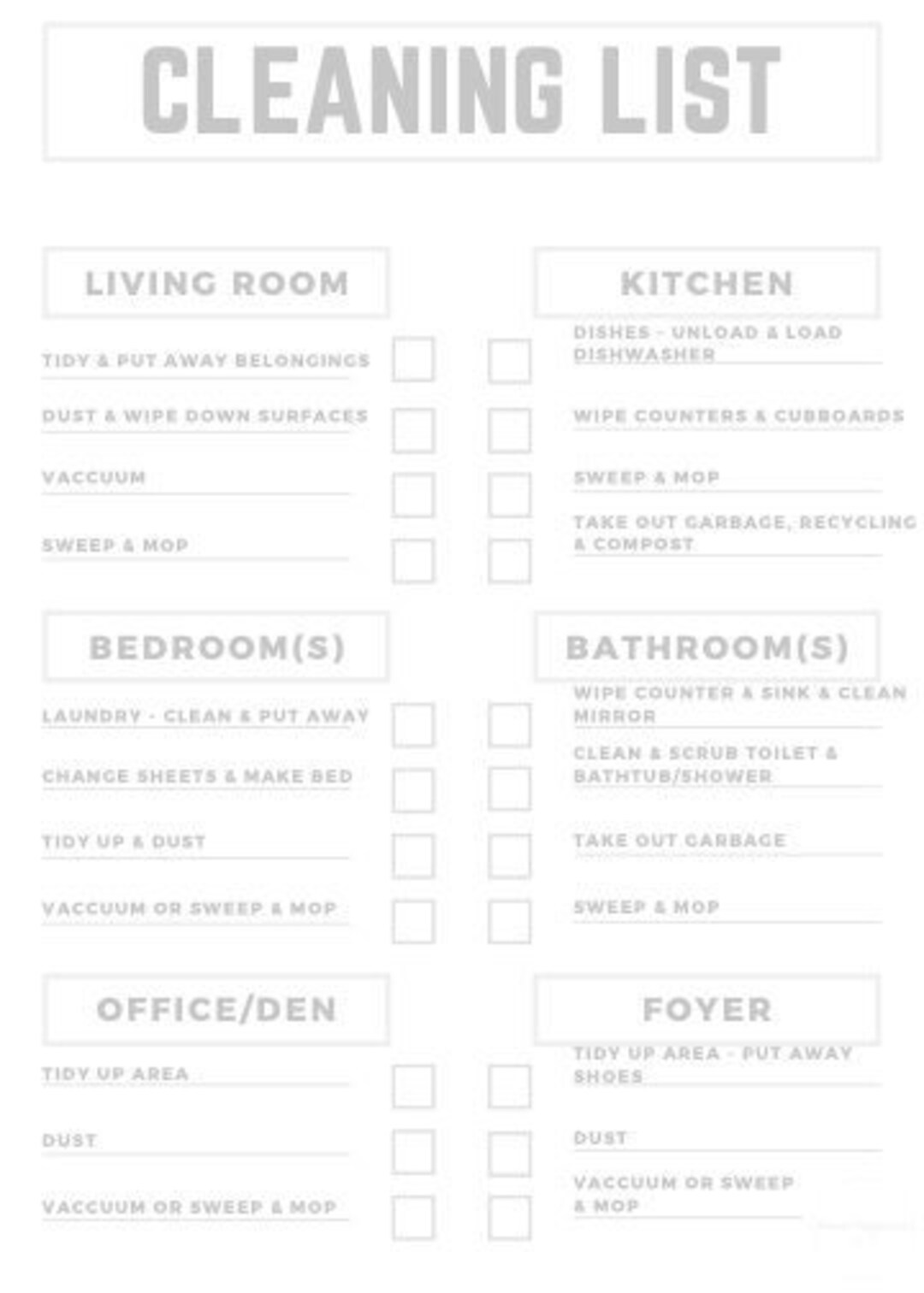 The Cleaning List (with Prompts) - Kinda Organized Printable Lists - Etsy