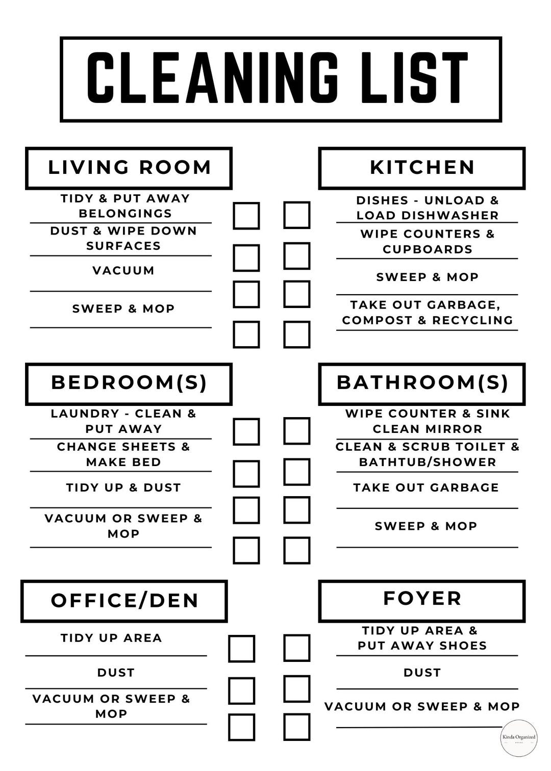 The Cleaning List (with Prompts) - Kinda Organized Printable Lists - Etsy