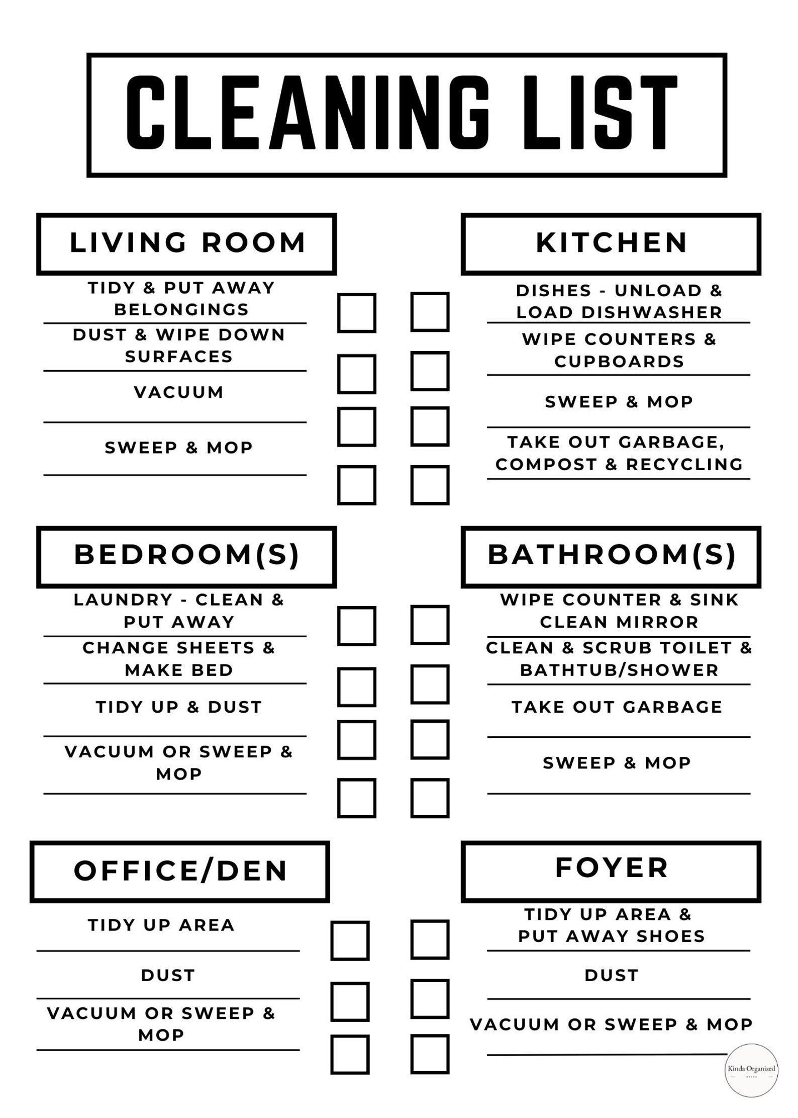 The Cleaning List (with Prompts) - Kinda Organized Printable Lists - Etsy