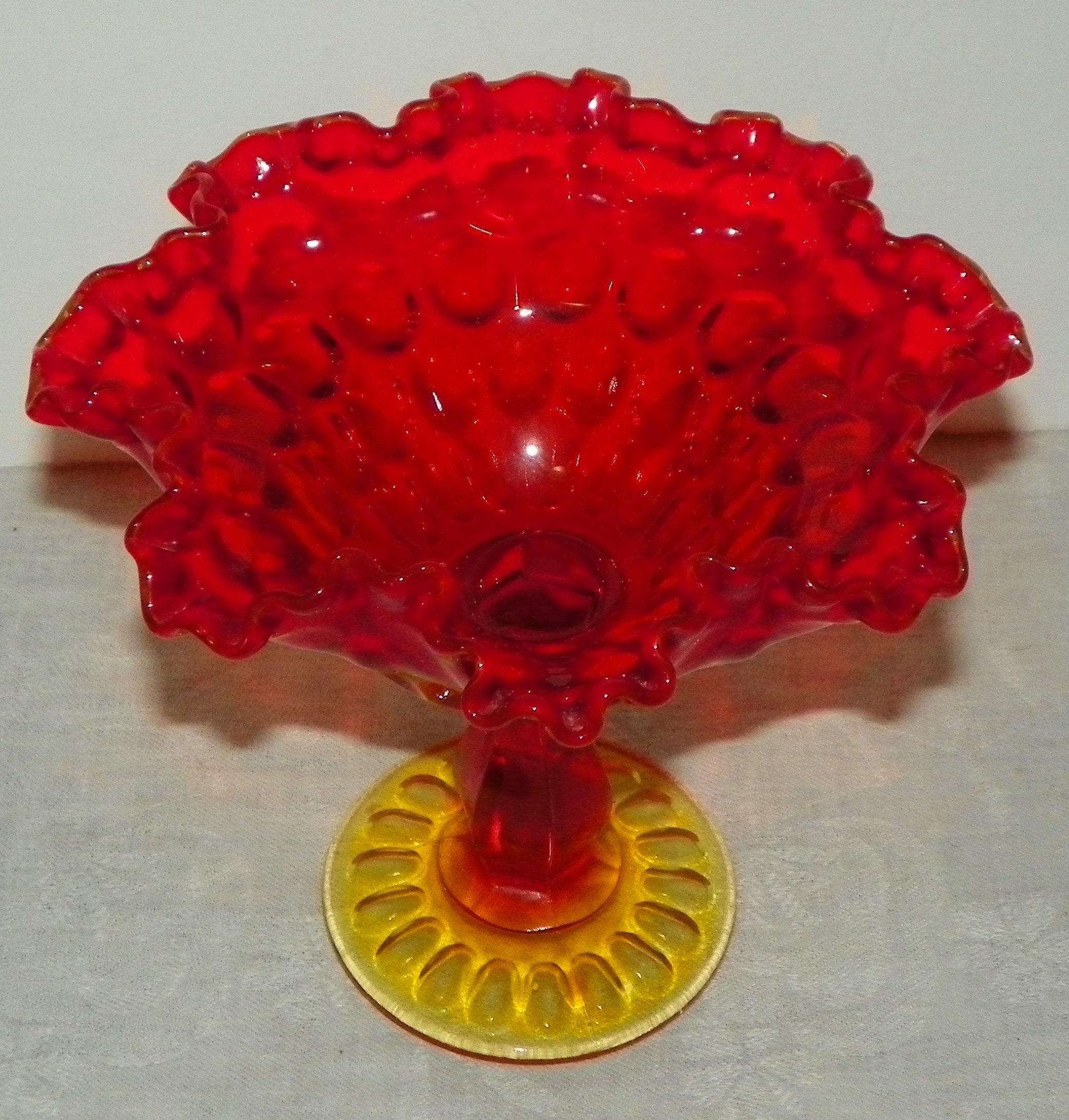 Fenton Art Glass Ruby Amberina Footed Thumbprint Compote With Ruffled ...