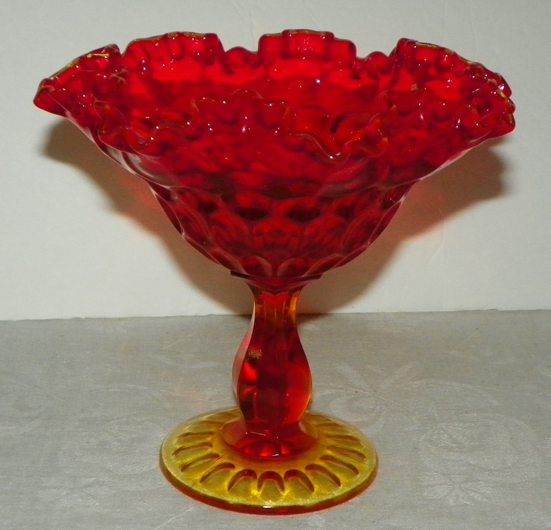 Fenton Art Glass Ruby Amberina Footed Thumbprint Compote With Ruffled ...