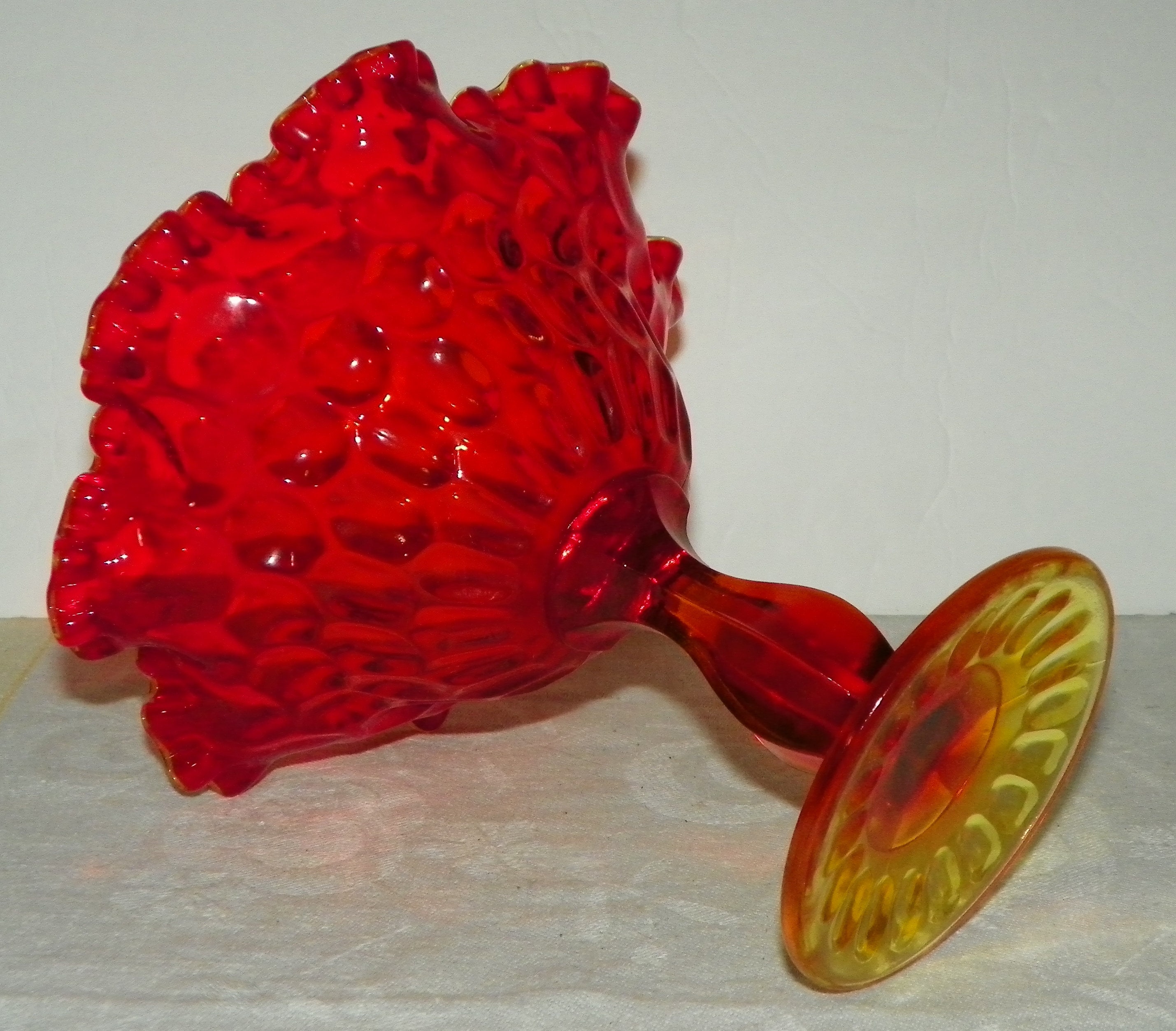 Fenton Art Glass Ruby Amberina Footed Thumbprint Compote With Ruffled ...