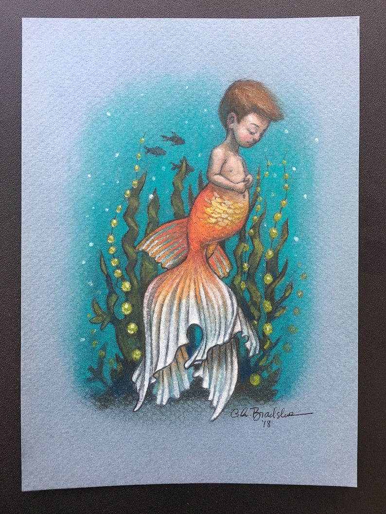 5x7 "merboy" Original Artwork, Pastel, Graphite, and Gold Leaf - Etsy