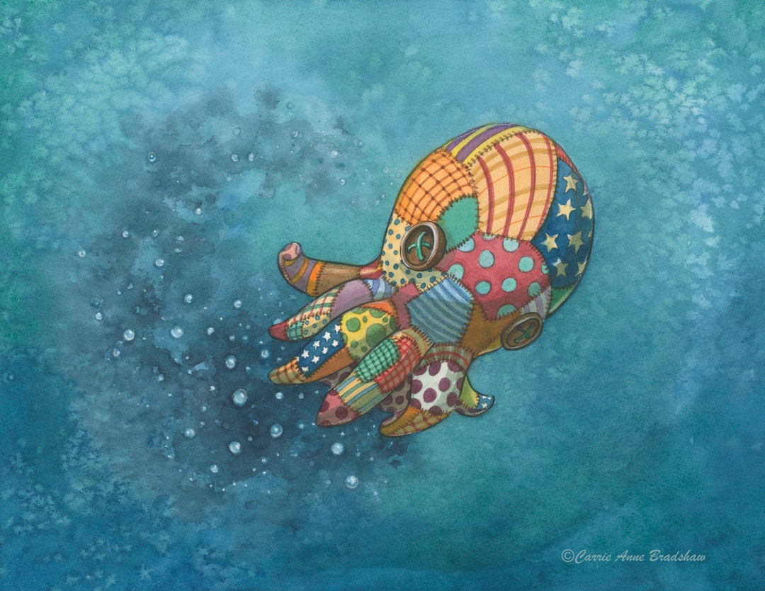 11x 15 Archival Print patchwork Octopus by Carrie Anne Bradshaw Embellished and Signed by Artist ...