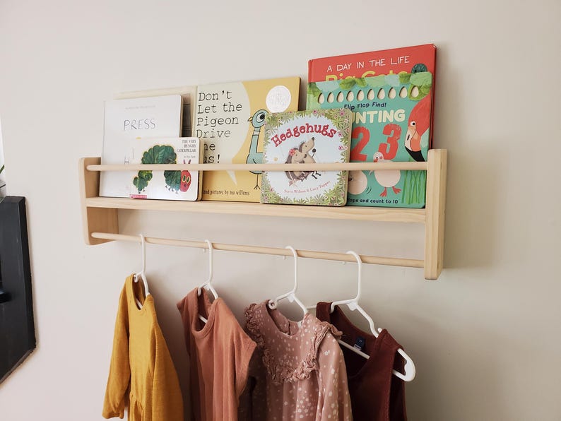 Pine Bookshelf/clothing Hanger Combo Shelf, Floating Bookshelf ...