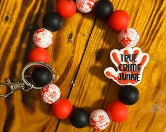 Beaded True Crime Junkie Keychain Bracelet, Keychain Wristlet, Keychain ...