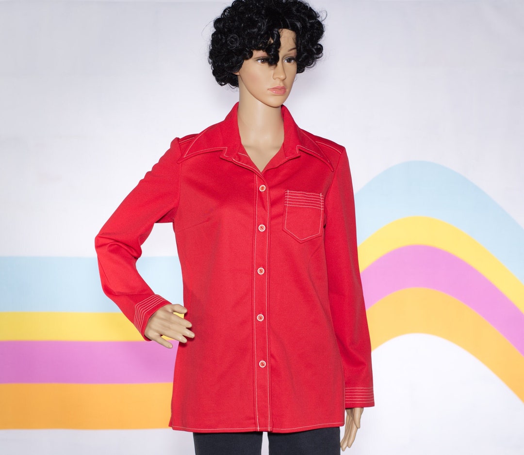 Vintage 1970s Red Long Collar Shirt | Medium | I-8 - Etsy