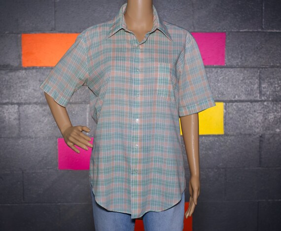 Vintage 1970s Plaid Long Collar Shirt | Medium | 20 - Gem