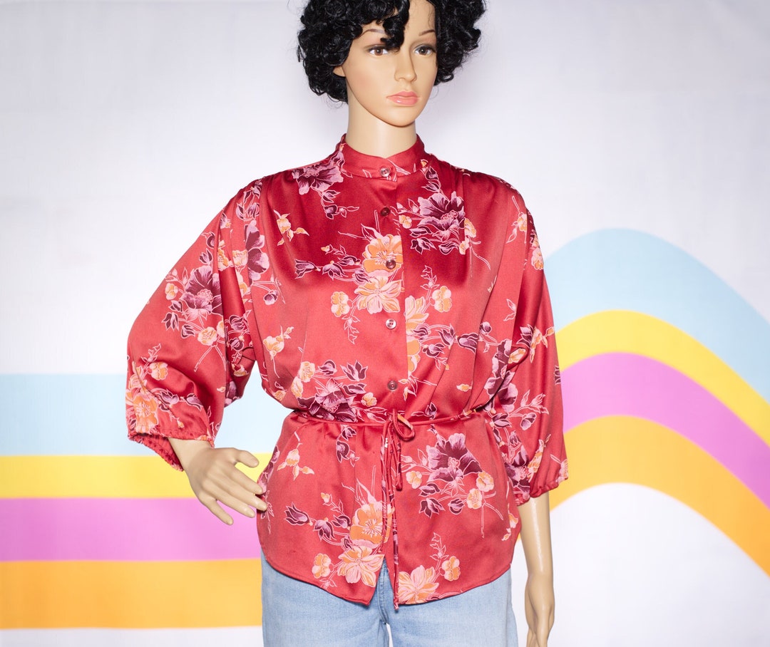 Vintage 1970s Boho Band Collar Belted Floral Top | Medium | I-19 - Etsy