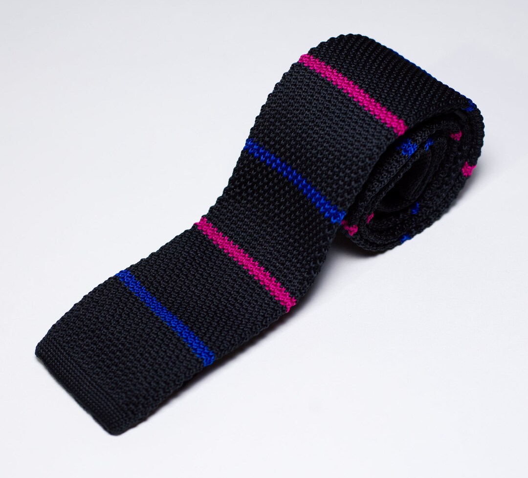 Retro Knit Necktie Black Striped Flat Tie - Etsy