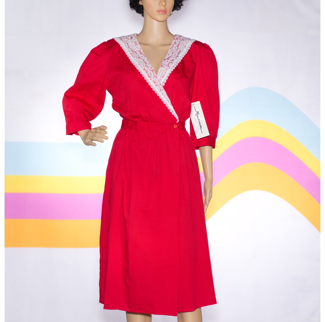 Vintage 1980s Red Dress With Lace Collar | New Old Stock | Medium | 4 ...