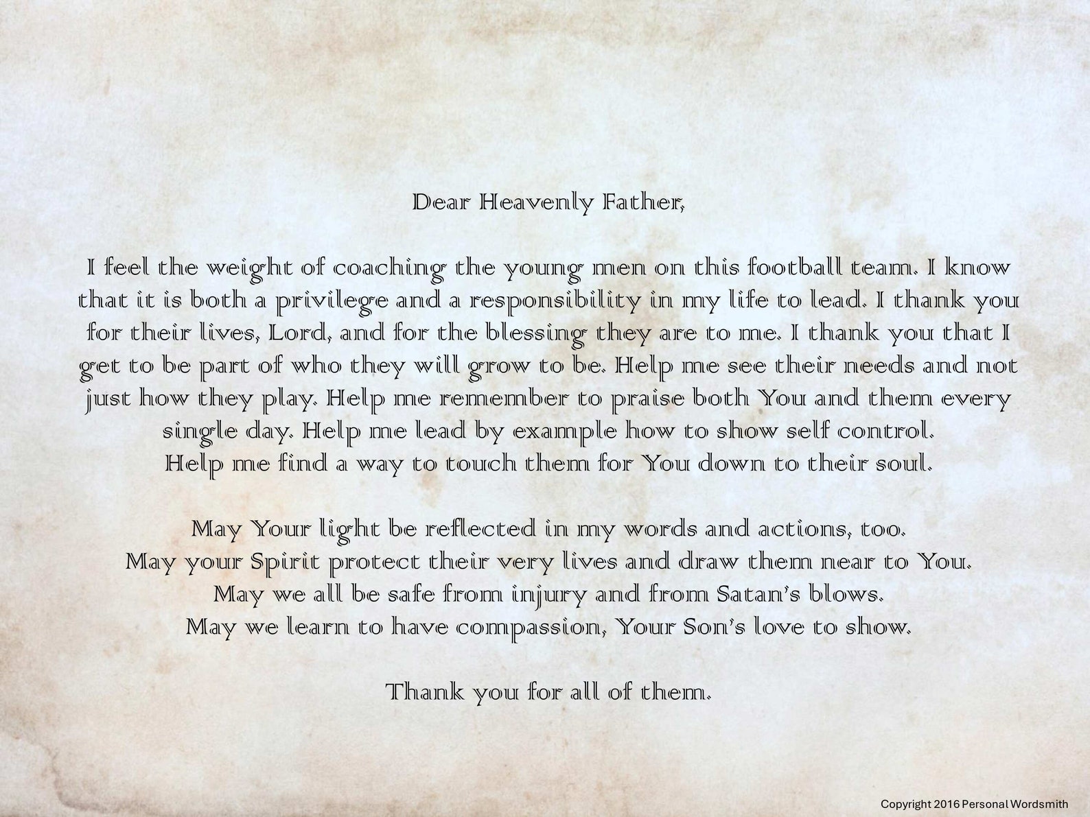 Football Coach's Prayer Digital Print, Downloadable Prayer for ...