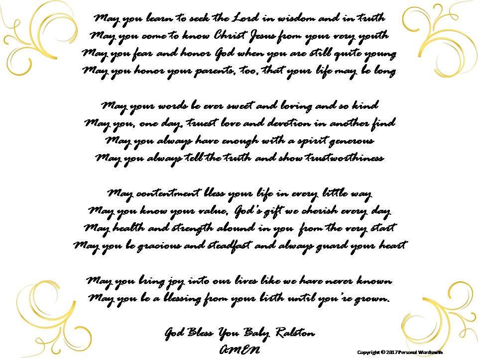 New Baby Blessing Digital Print, Downloadable Prayer for Infant Baptism ...