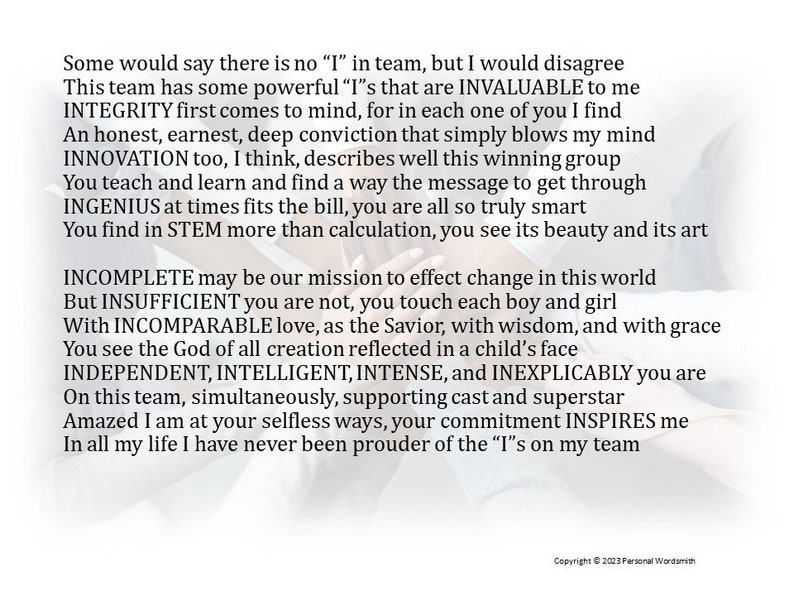 I in Team Rhyme of Appreciation Poem for Academic Staff - Etsy
