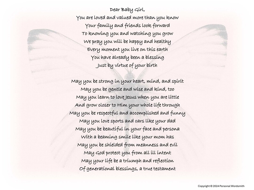 Baby Girl Blessing Poem, Rhyme for New Parents, Dedication Reading ...