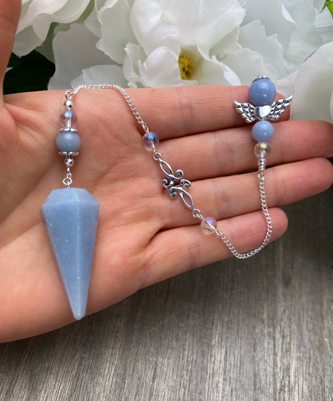 Angelite Crystal Pendulum With Angel Aura Quartz, Communication With ...